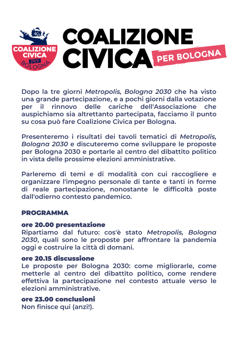 Assemblea cittadina Bologna 2030 (online) – Coalizione Civica per Bologna